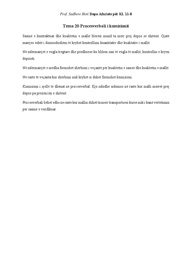 Tema 20 Procesverbali I Komisionit - Depo Afarsite kl.11 PDF | PDF