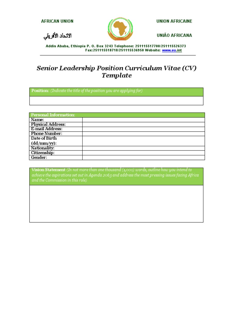 Senior Leadership Position Curriculum Vitae (CV) Template: African ...
