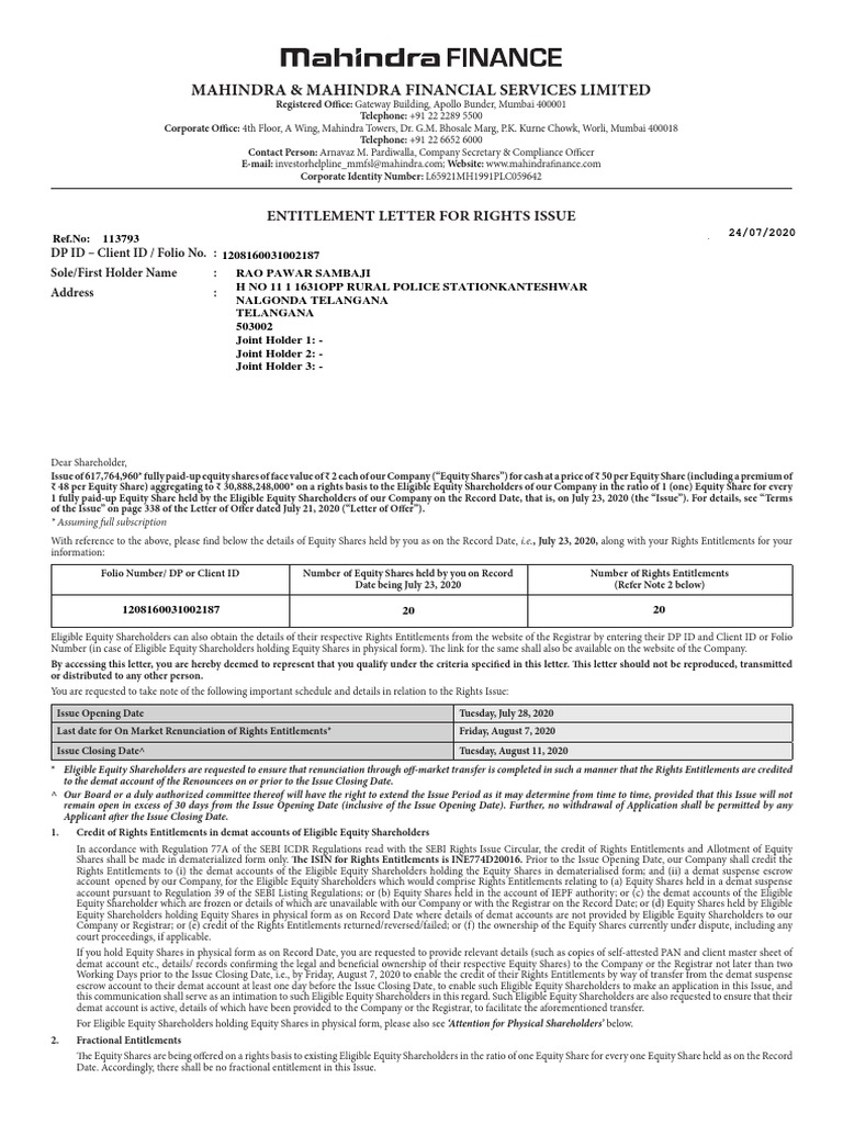 Mahindra & Mahindra Financial Services Limited: Entitlement Letter For ...