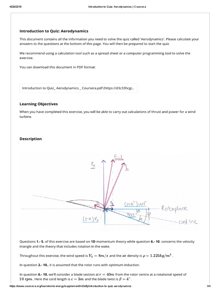 Introduction to Quiz: Aerodynamics: = 8m/s V ρ = 1.225kg/m | PDF ...