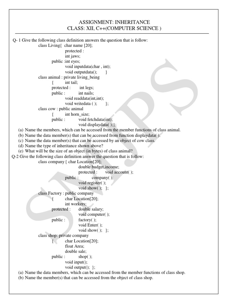 Assignment Inheritance Class Xii C Computer Science Pdf Class Computer Programming