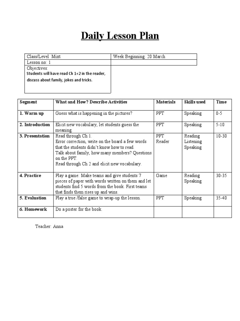 Daily Lesson Plan: Segment What and How? Describe Activities Materials ...