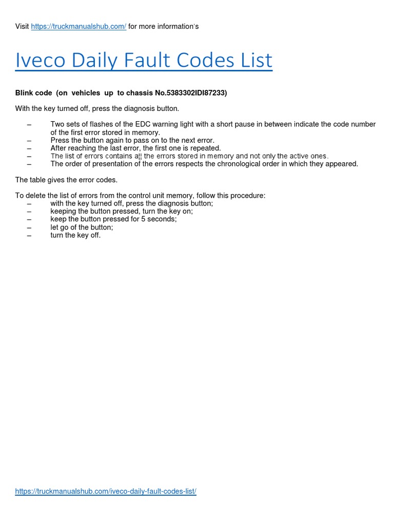 Iveco Daily Fault Codes List PDF 1 PDF | PDF | Fuel Injection | Engines