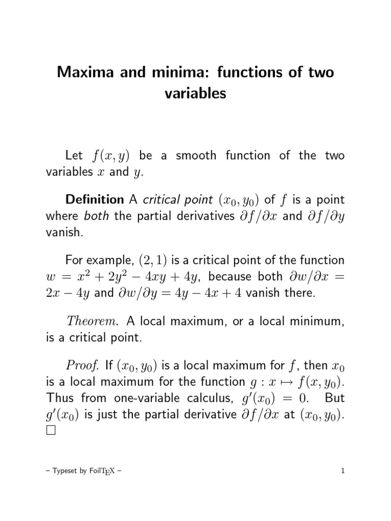 Maxima and Minima: Functions of Two Variables: - Typeset by Foiltex - 1 | PDF | Maxima And ...