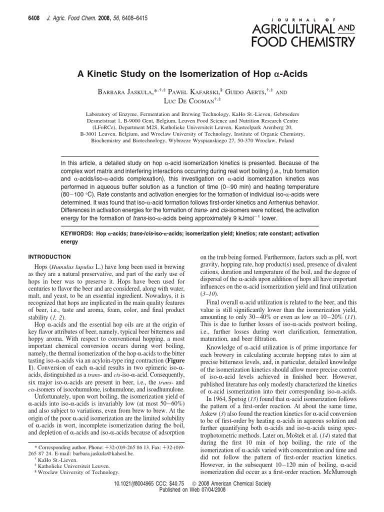 A Kinetic Study On The Isomerization of Hop A-Acid | PDF | Activation ...