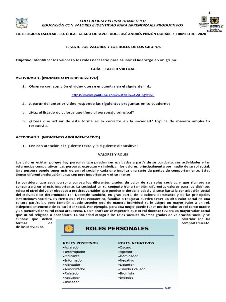 Grado 8 - Tema 4 - Ética y Religión - Los Valores y Los Roles de Los ...