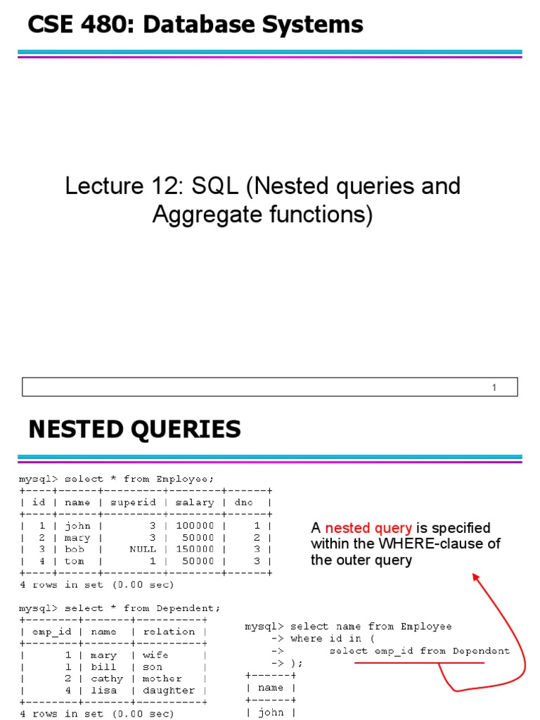 Lecture 12: SQL (Nested Queries and Aggregate Functions) | PDF | Databases | Computer Data