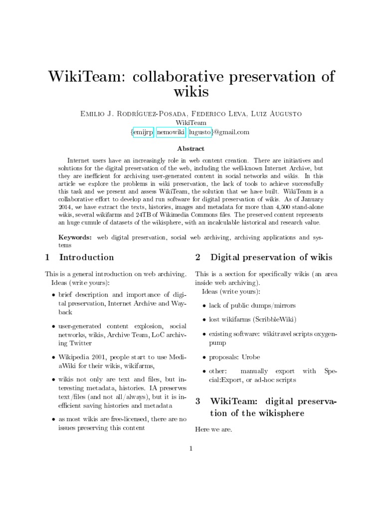 Wikiteam: Collaborative Preservation of Wikis | PDF | Wiki | World Wide Web