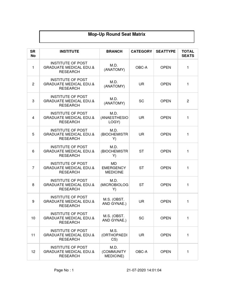 Mop-Up Round Seat Matrix: SR No Institute Branch Category Seattype ...