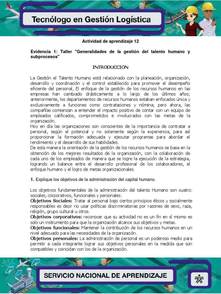 Evidencia 1 Taller Generalidades de La Gestion Del Talento Humano y Subprocesos PDF | PDF ...