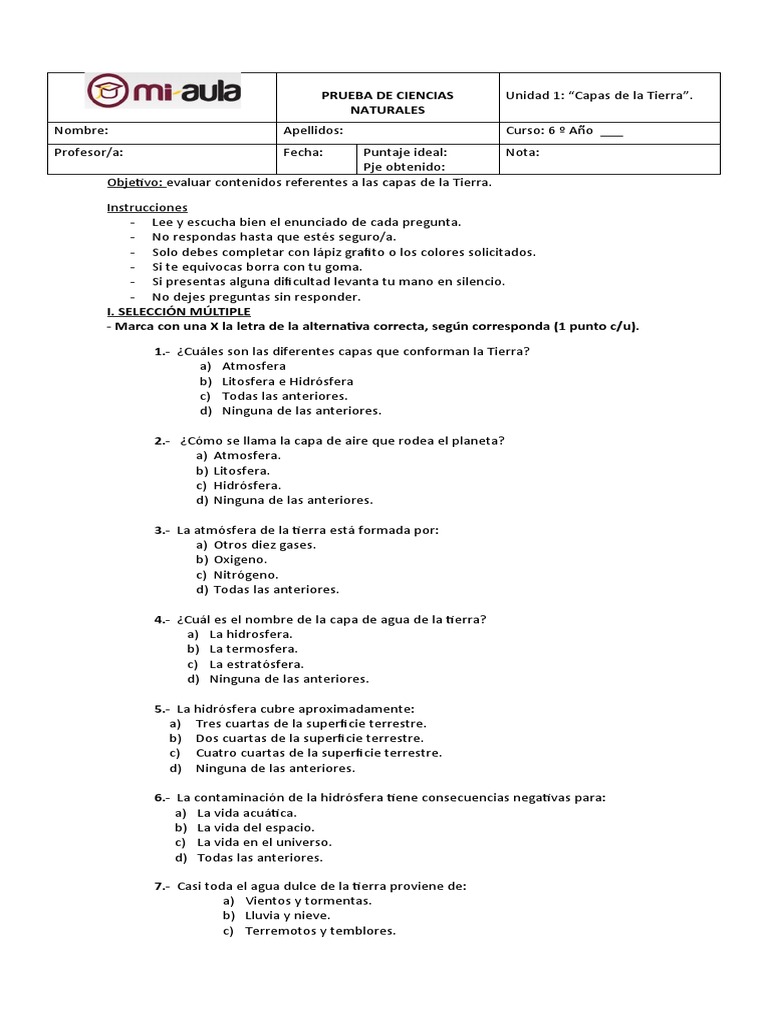 Prueba Capas de La Tierra 6to | PDF | Tierra | Atmósfera de tierra
