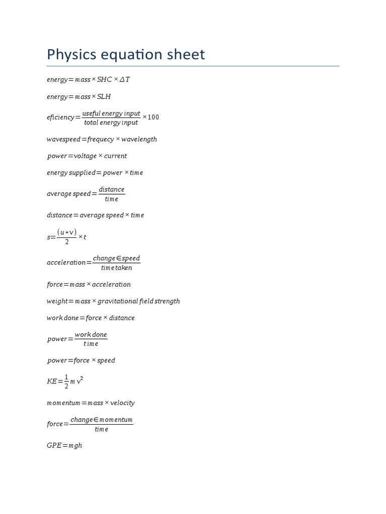 Physics Equation Sheet | PDF