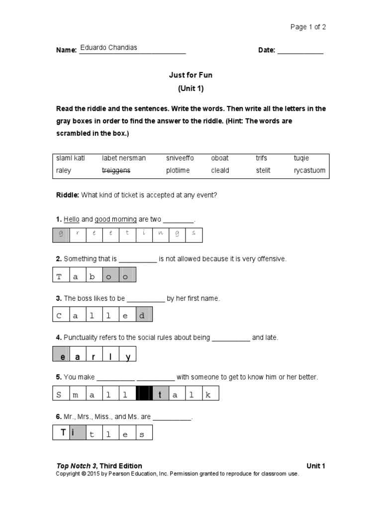 T A B o O: Just For Fun (Unit 1) | PDF
