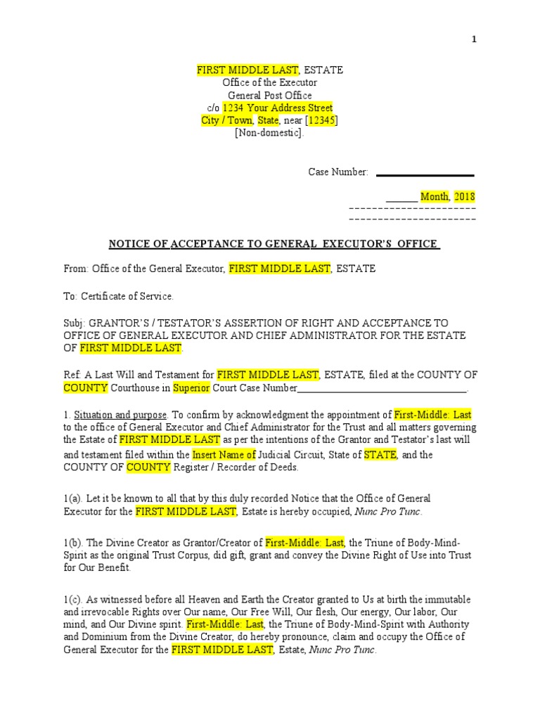 EXECUTOR NOTICE Template | PDF | Trust Law | Fiduciary