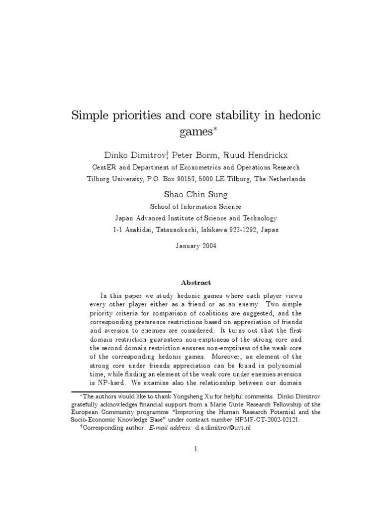 Simple Priorities and Core Stability in Hedonic Games | PDF | Graph Theory | Mathematical Relations