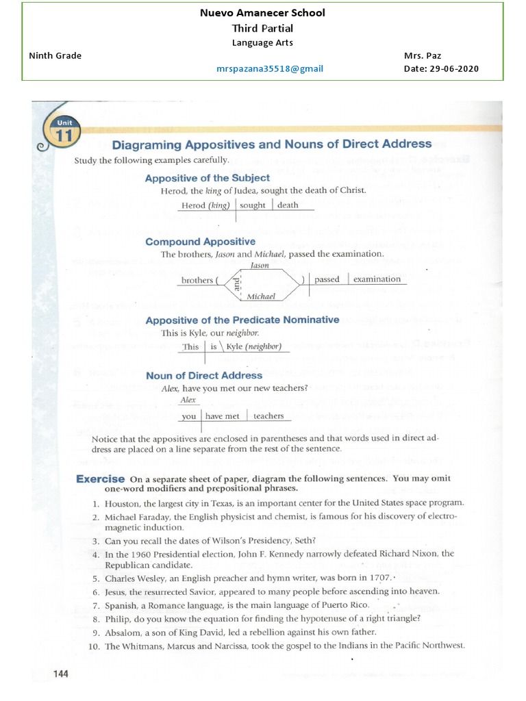 Monday, June 29,2020 Diagraming Appositives and Nouns of Direct Address ...