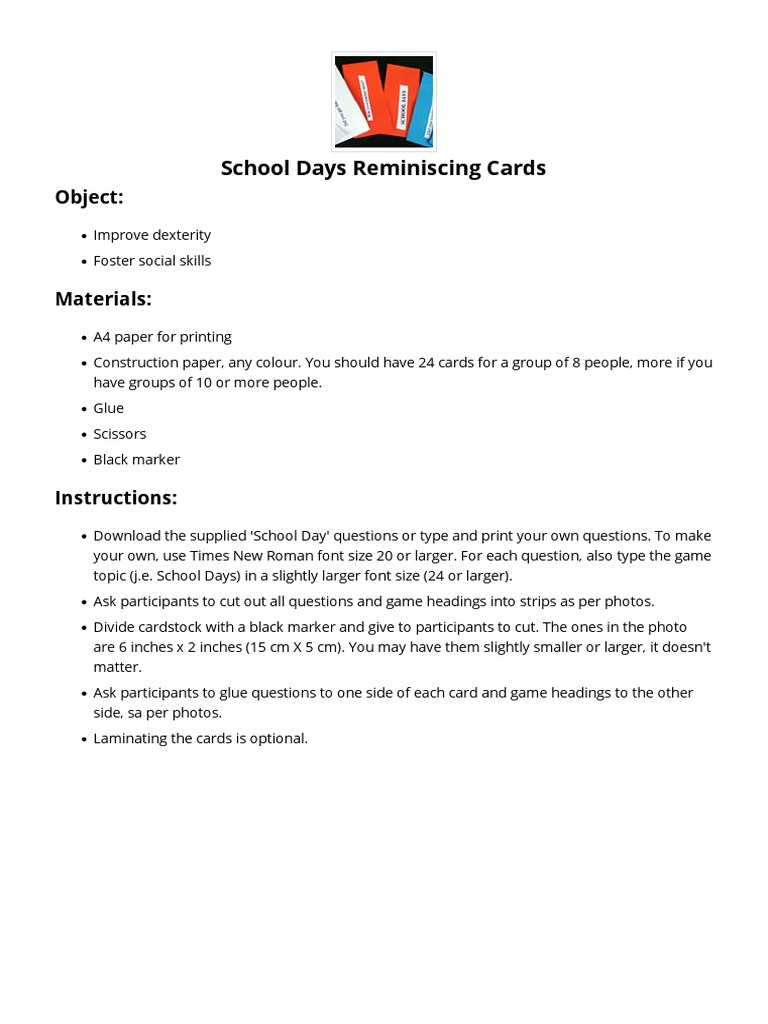 School Days Reminiscing Cards | PDF | Learning