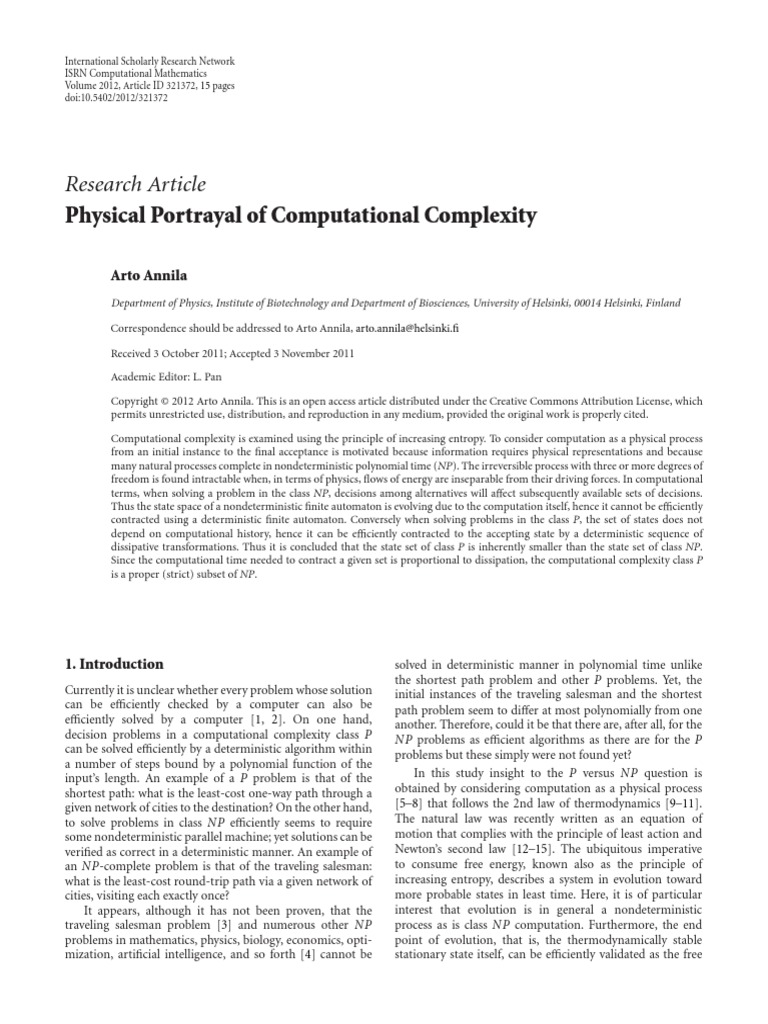Research Article Physical Portrayal Of Computational Complexity Pdf Computational
