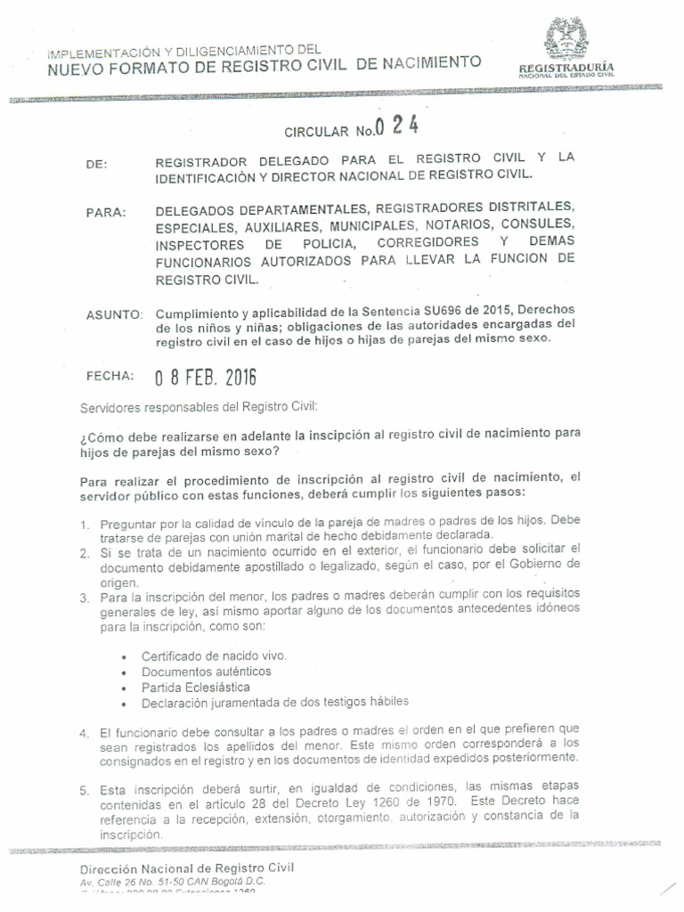 Circular 024 - Nuevo Formato de Registro Civil de Nacimiento PDF | PDF