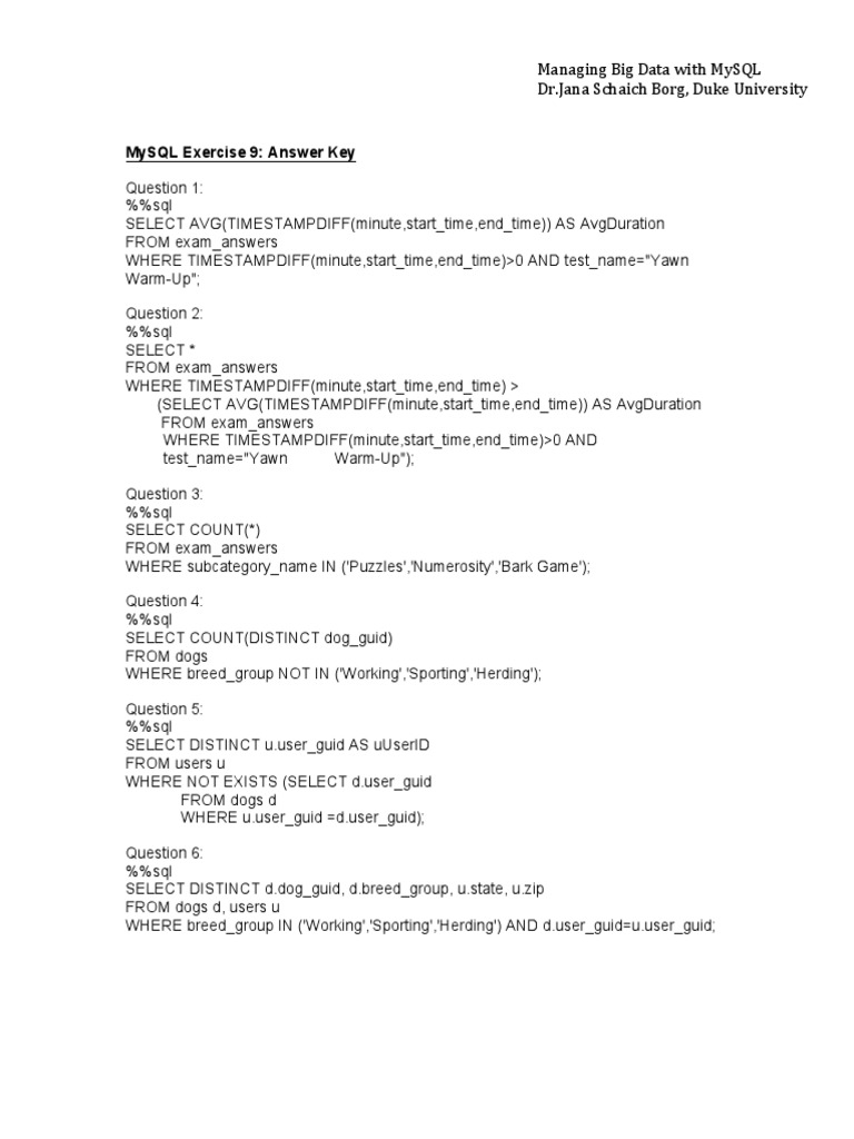 My SQL-Exercise-9 | PDF | Animal Breeding | Mammals As Pets