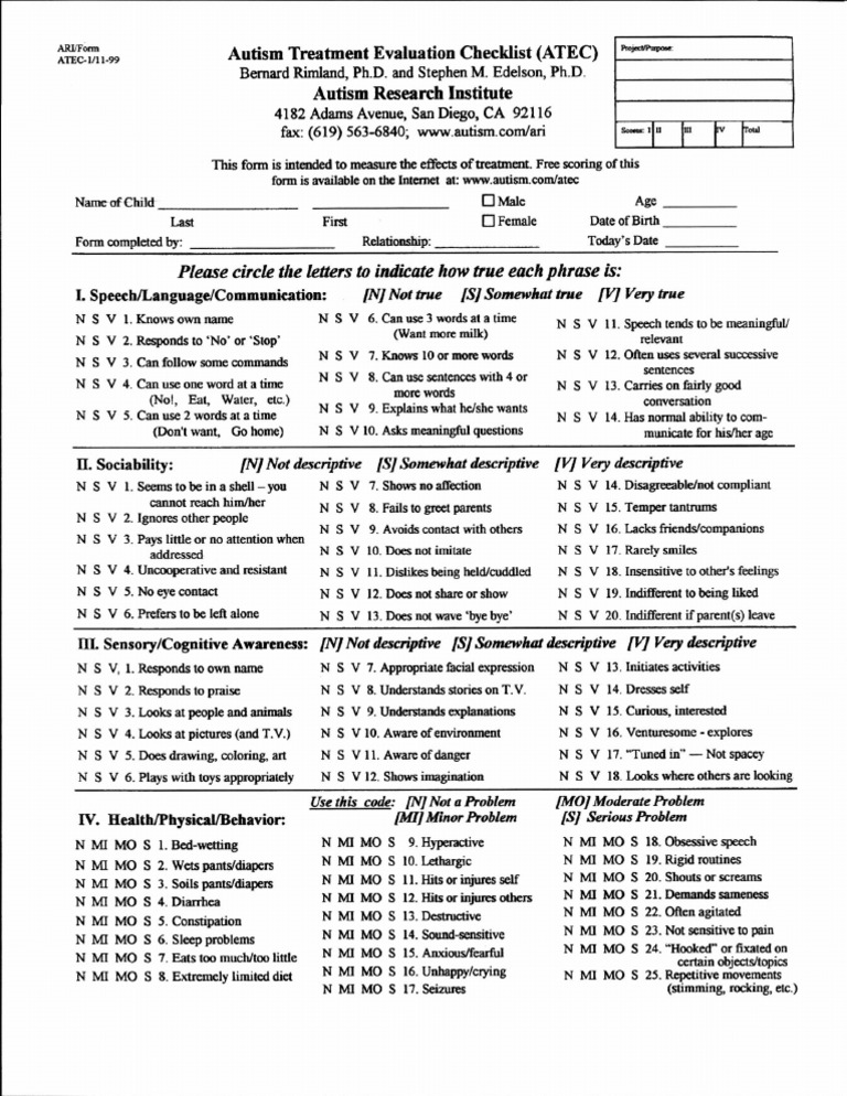 ATEC Autism Treatment Evaluation Form | PDF | Autism | Psychiatry