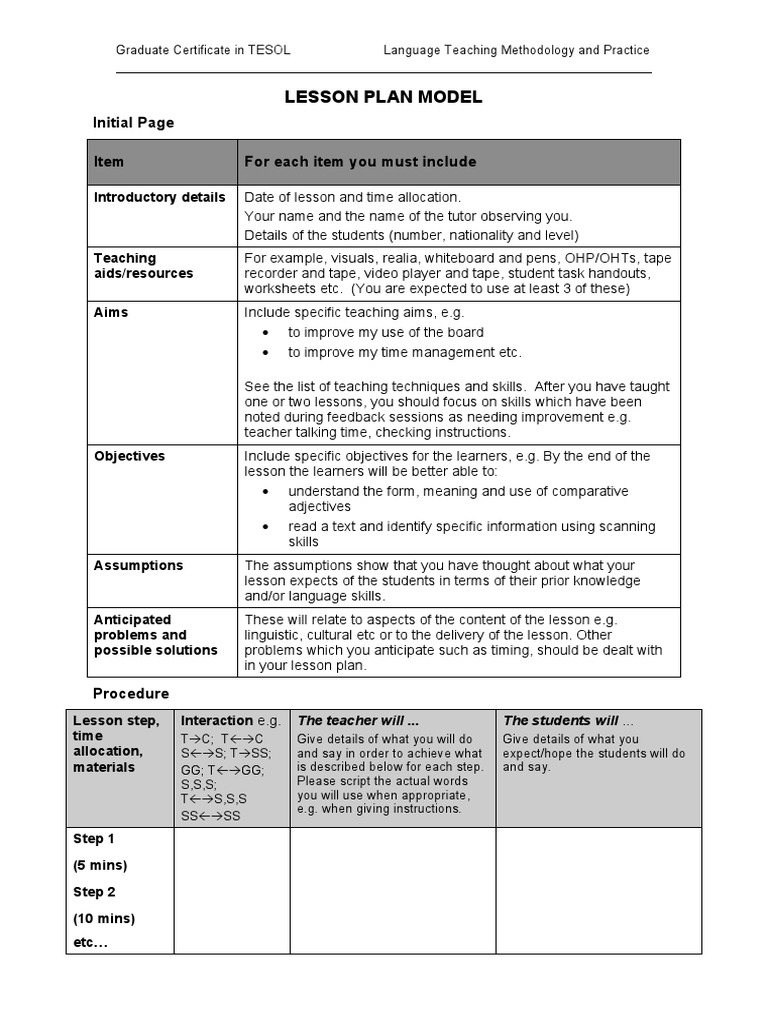 Lesson Plan Model: Initial Page Item For Each Item You Must Include ...
