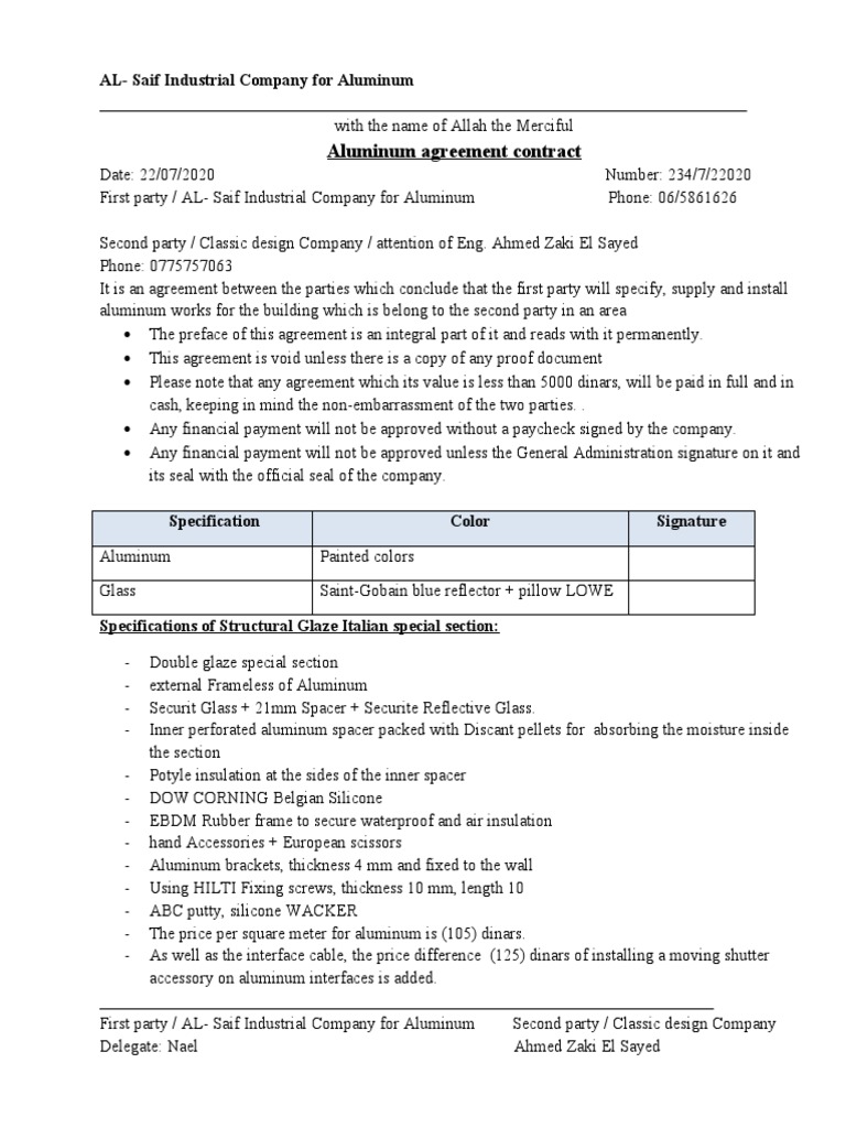 Aluminum Agreement Contract | PDF | Silicone | Building Engineering