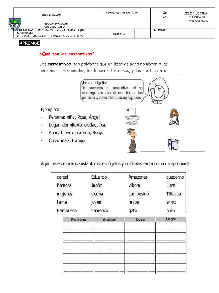 Sustantivos: palabras que nombran personas, animales, lugares y objetos ...