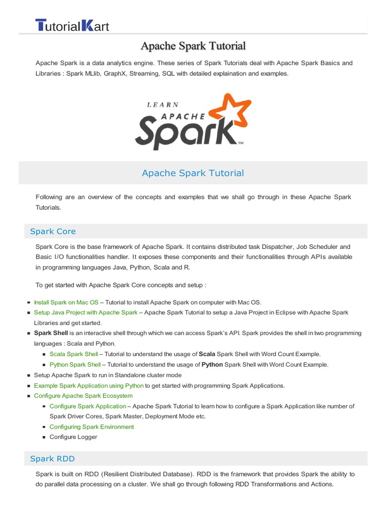 Apache Spark Tutorial | PDF | Apache Spark | Apache Hadoop Apache Spark Tutorial | PDF | Apache Spark | Apache Hadoop