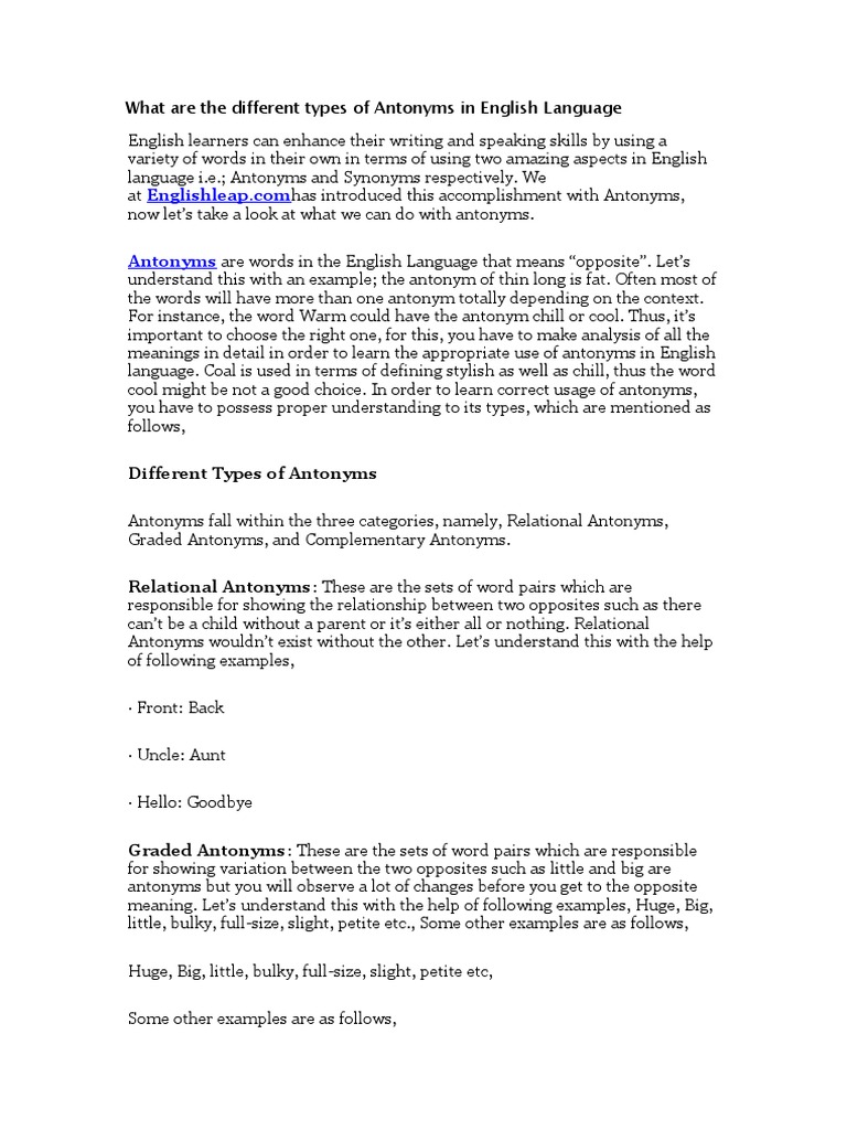 What Are The Different Types of Antonyms in English | PDF | Human ...
