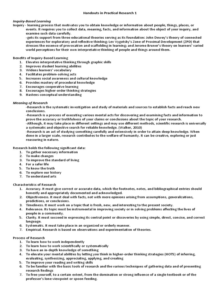 Inquiry-Based Learning: Handouts in Practical Research 1 | PDF ...