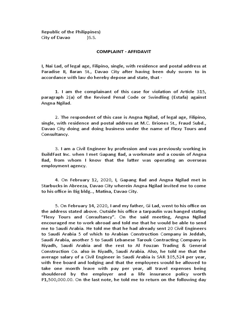 Affidavit of Complaint Estafa | PDF | Fraud | Misrepresentation
