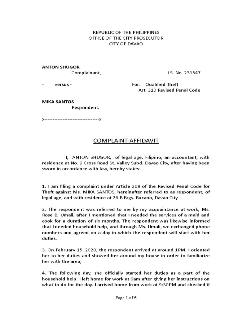 Affidavit of Complaint For Qualified Theft | PDF | Affidavit | Justice