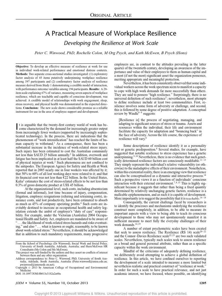 Workplace Resilience Scale Winwood2013 PDF | PDF | Psychological ...