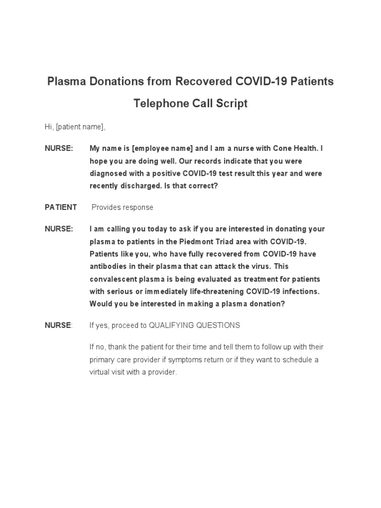 Convelescent Plasma Donation Patient Script DRAFT | PDF | Science ...