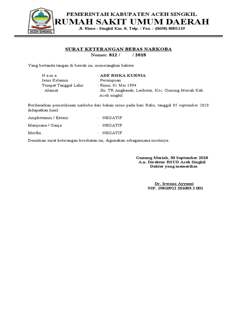 Surat Keterangan Bebas Narkoba | PDF