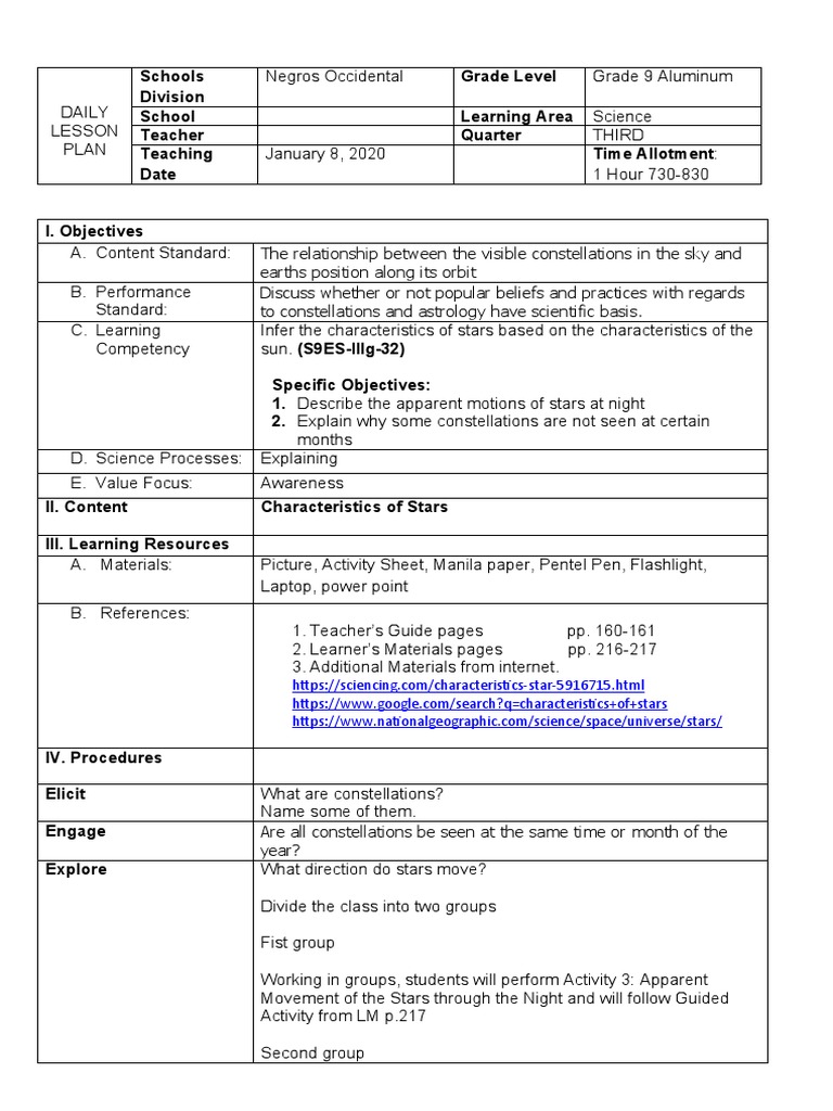 Lesson Plan | PDF | Constellation | Stars