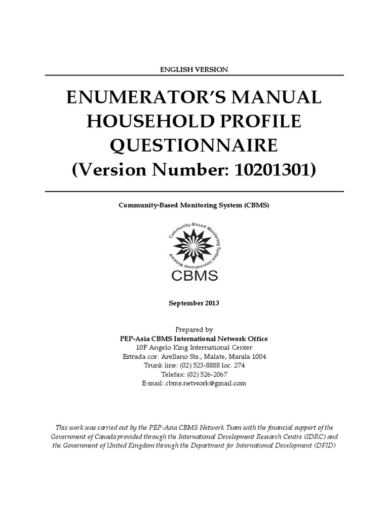 Enumerator'S Manual Household Profile Questionnaire (Version Number ...