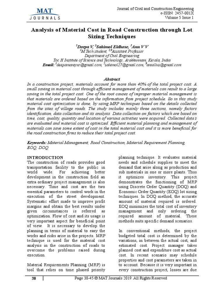 Analysis of Material Cost in Road Construction | PDF | Inventory ...