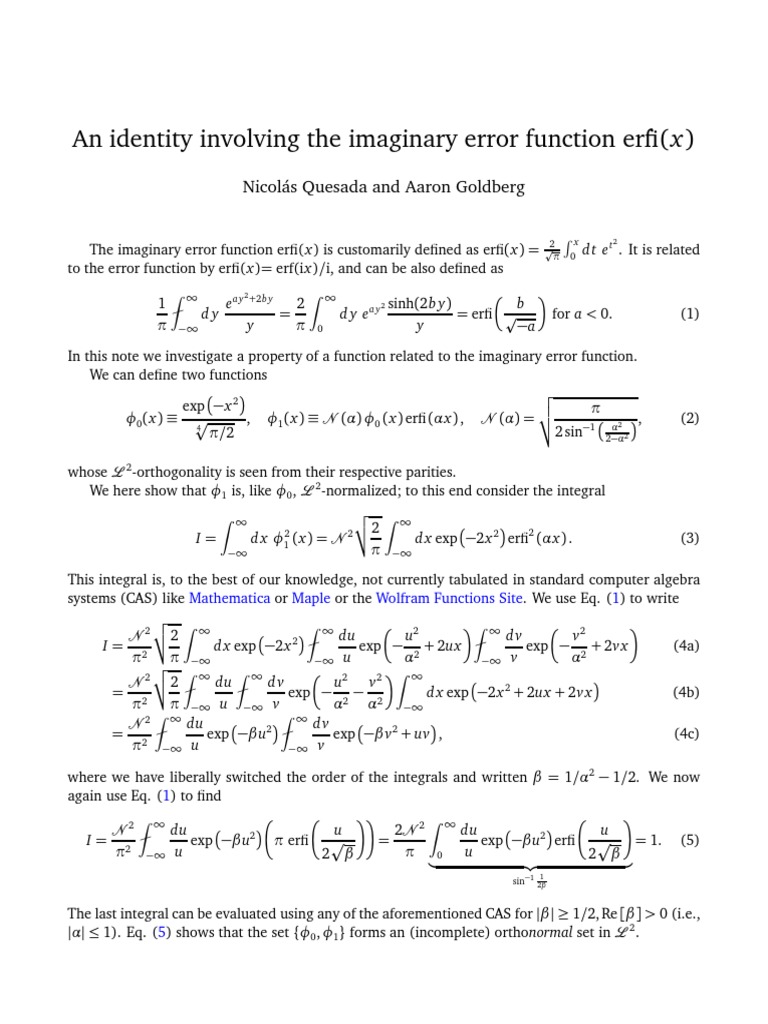 An Identity Involving The Imaginary Error Function Erfi (X) : Nicolás ...