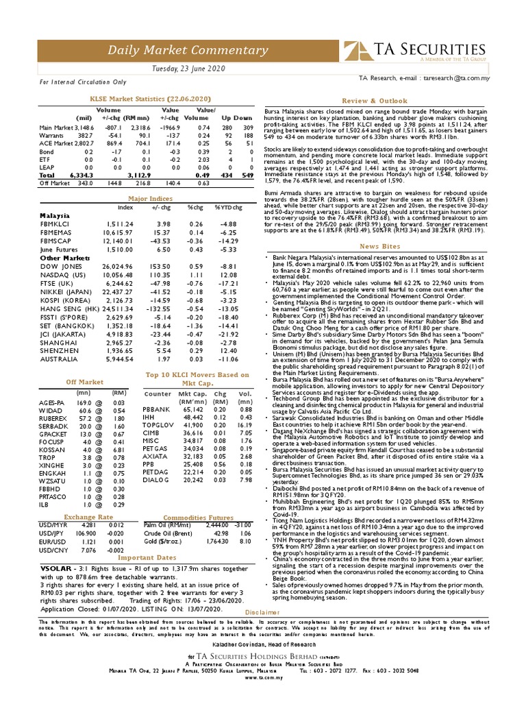 Daily Market Commentary: Tuesday, 23 June 2020 | PDF | Financial ...