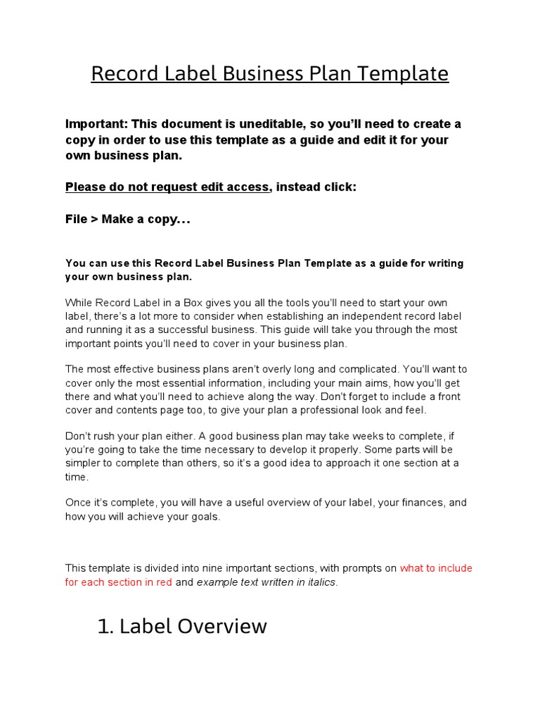 Record Label Business Plan Template | PDF | Record Label | Music Industry