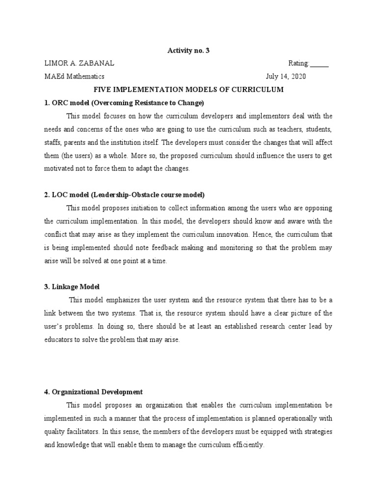 Five Models for Implementing Curriculum Change: Focusing on Overcoming ...