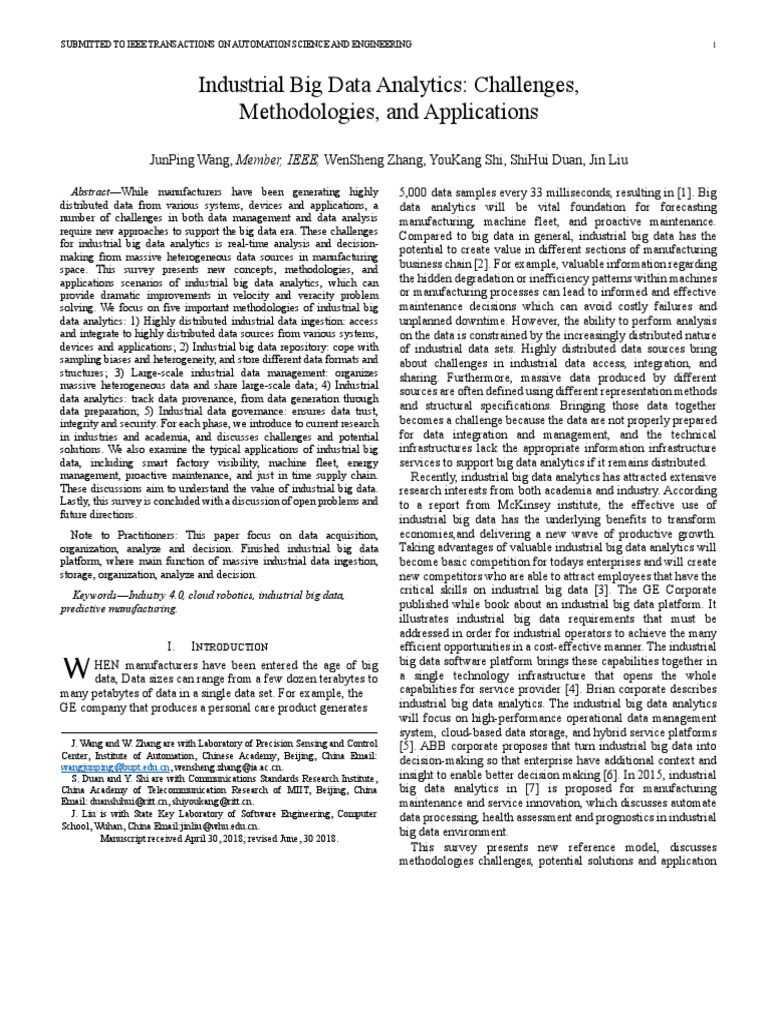 Industrial Big Data Analytics: Challenges, Methodologies, and Applications | PDF | Big Data ...