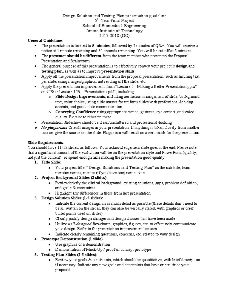 Design & Testing Plan Presentation Guidelines | PDF | Design ...