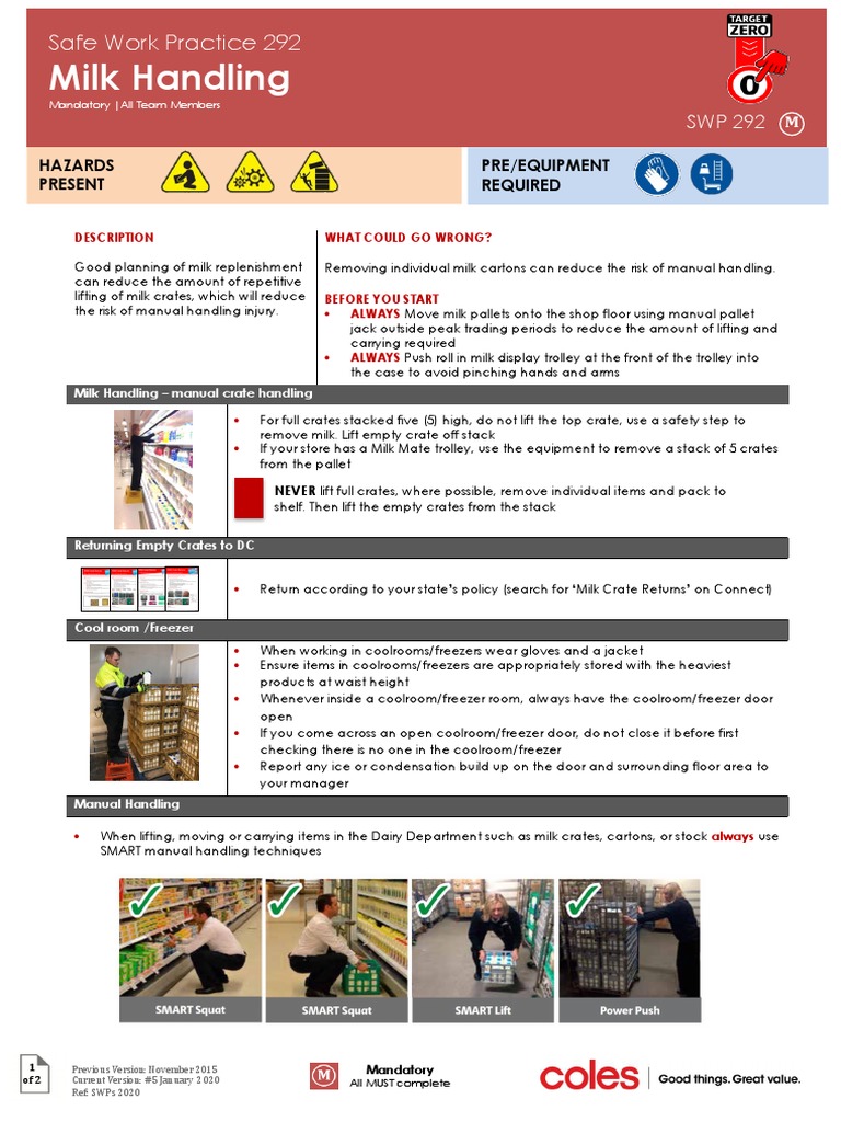 Milk Handling: Safe Work Practice 292 | PDF | Refrigerator | Milk