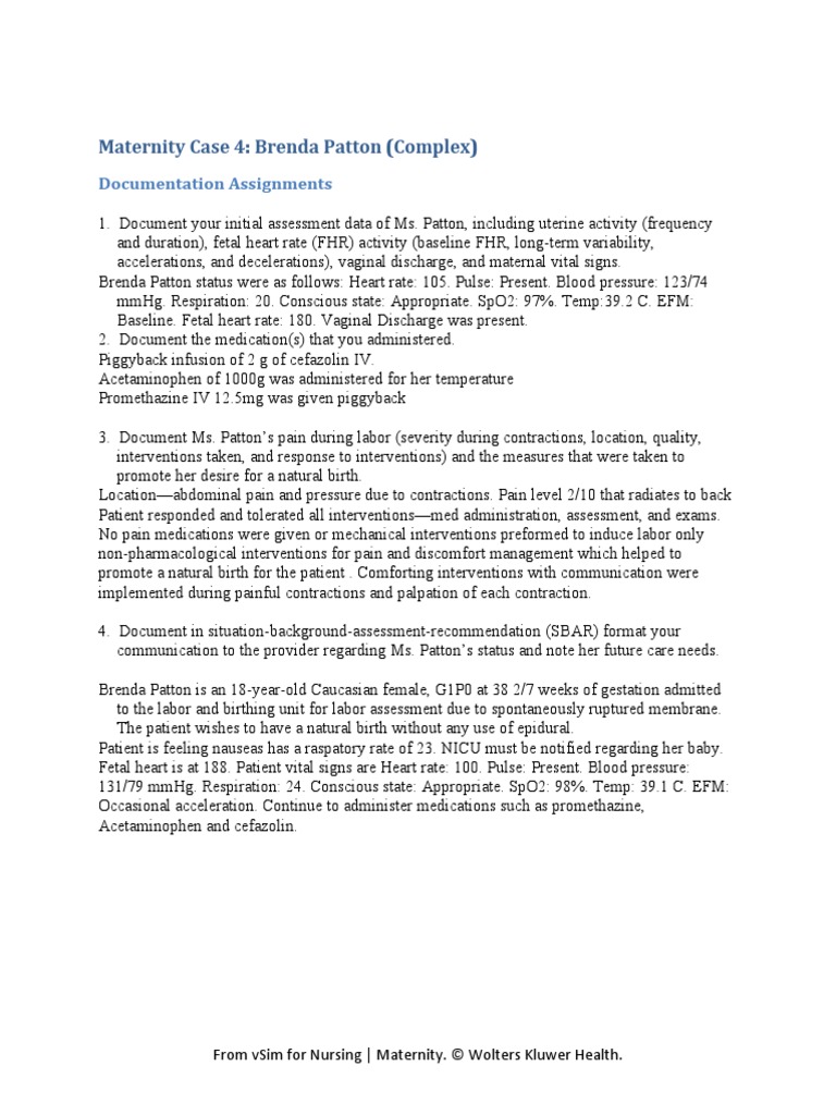 Maternity Case 4: Brenda Patton (Complex) : Documentation Assignments ...