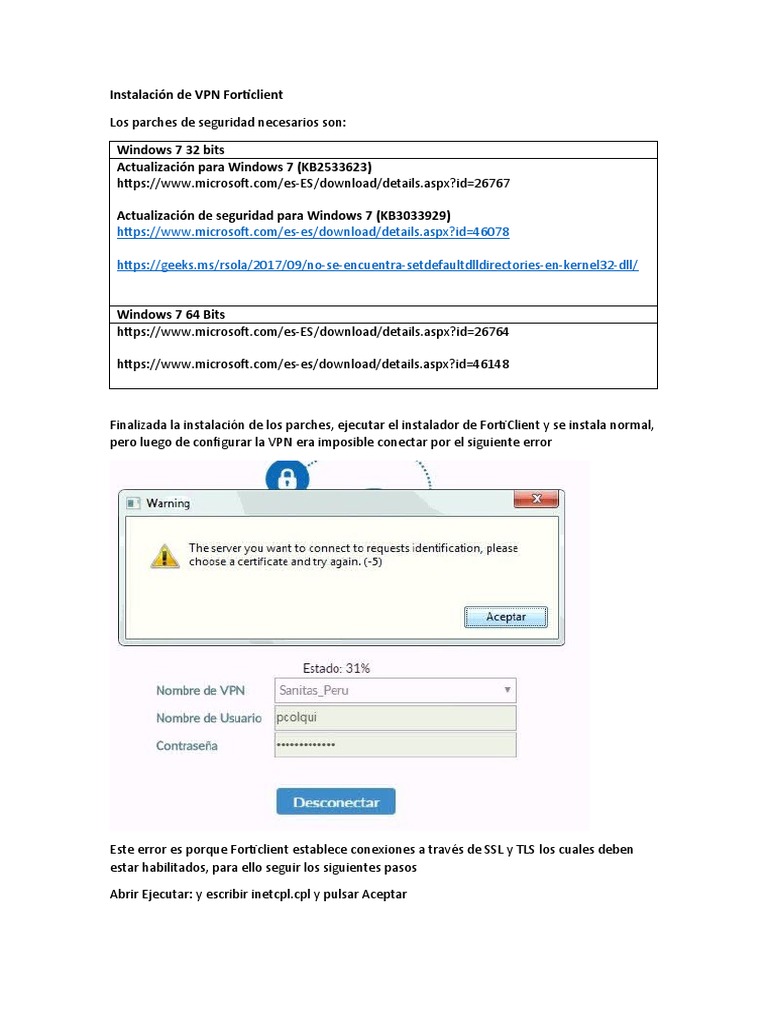 Instalación Forticlient en Windows 7 32 y 64 Bits | PDF