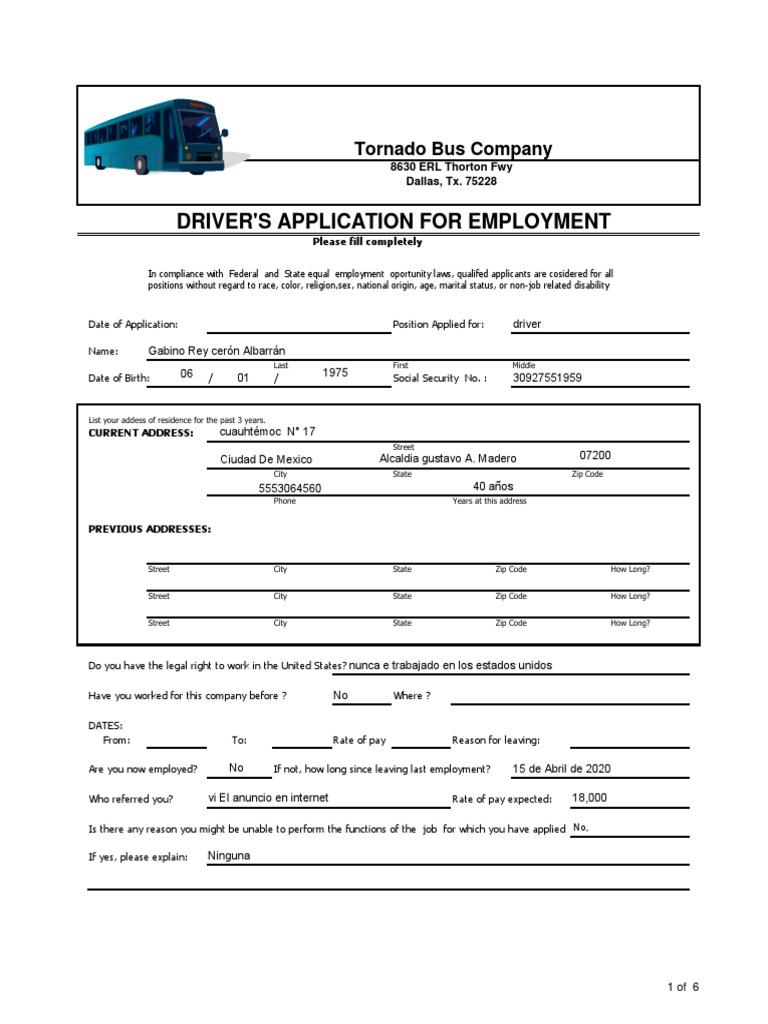 Driver'S Application For Employment: Tornado Bus Company | PDF ...
