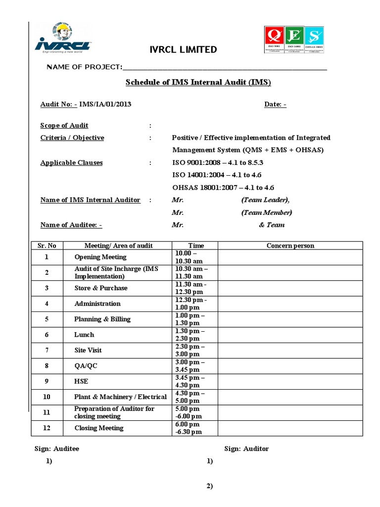 IVRCL IMS Internal Audit Schedule | PDF | Internal Audit | Audit